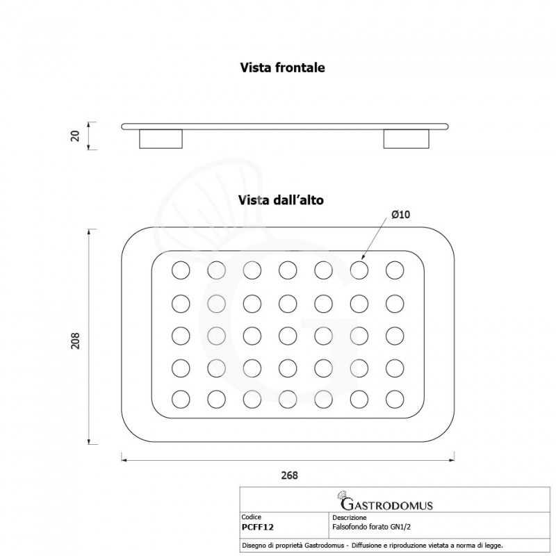 Falso fondo forato in policarbonato GN1/2 dimensioni L 268 mm x P 208 mm